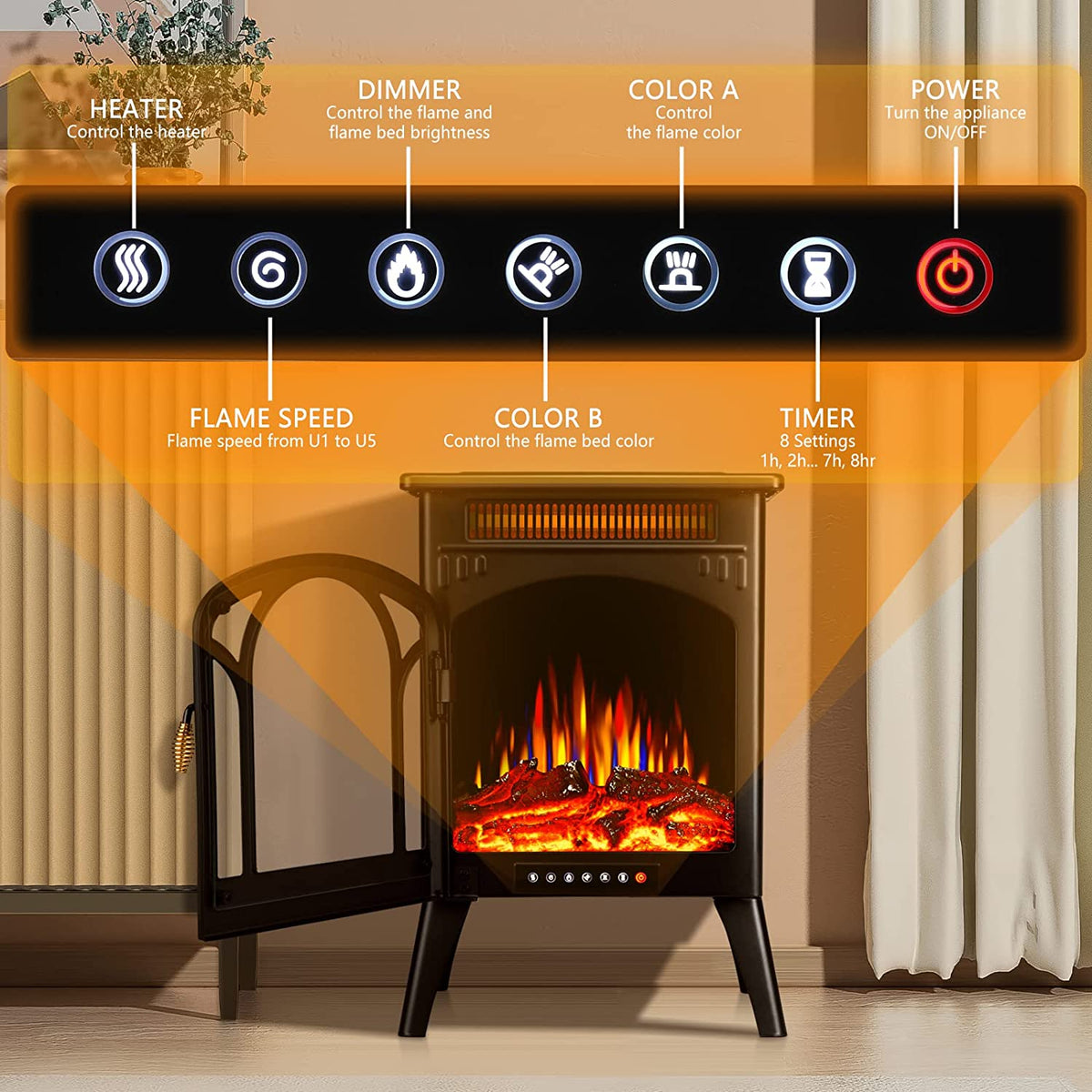 R.W.FLAME 16 Inch Electric Fireplace, Freestanding Fireplace Stove wit